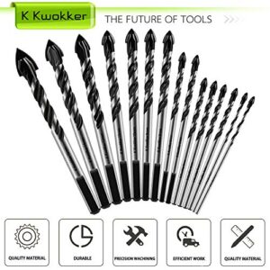 K Kwokker 15Pcs Masonry Drill Bit Set 5/8" to 1/8", Tungsten Carbide Tile Drill Bits, Ceramic Drill Bits for Pots, Brick, Cement, Glass, Stucco, Stone, Marble, Plastic, Wood, with Storage Case