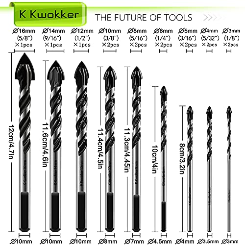 K Kwokker 15Pcs Masonry Drill Bit Set 5/8" to 1/8", Tungsten Carbide Tile Drill Bits, Ceramic Drill Bits for Pots, Brick, Cement, Glass, Stucco, Stone, Marble, Plastic, Wood, with Storage Case