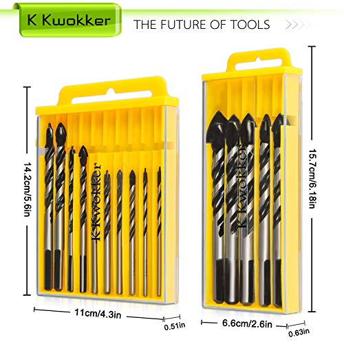 K Kwokker 15Pcs Masonry Drill Bit Set 5/8" to 1/8", Tungsten Carbide Tile Drill Bits, Ceramic Drill Bits for Pots, Brick, Cement, Glass, Stucco, Stone, Marble, Plastic, Wood, with Storage Case