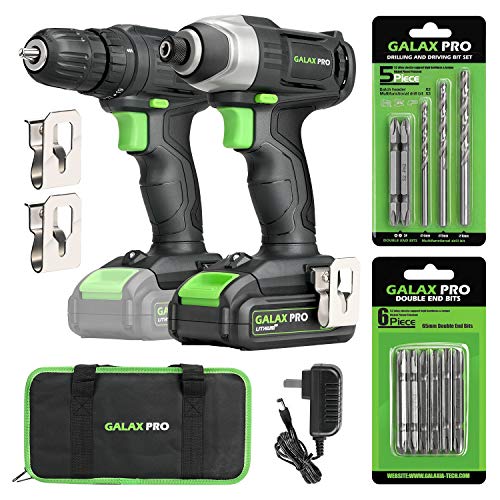 GALAX PRO Cordless Drill Driver/Impact Driver with 1pcs 1.3Ah Lithium-Ion Batteries, Charger Kit, 11pcs Accessories and Tool Bag