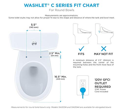 TOTO SW2033R#01 C100 Electronic Bidet Toilet Cleansing Water, Heated Seat, Deodorizer, Warm Air Dryer, and PREMIST, Round, Cotton White