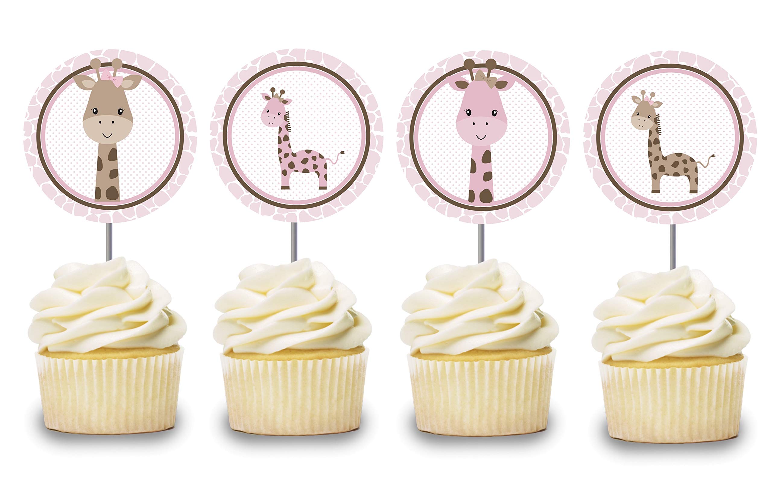 Pink Giraffe Cupcake Toppers 12 pcs, Girl Cake Picks Birthday Decoration, Party Supplies, Wild Animal Baby Shower