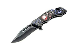 se spring assisted clip point folding knife with howling wolf design - kfd20023-8