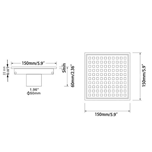 6-inch SUS304 Stainless Steel Square Shower Floor Drain with Tile Insert Grate Removable Multipurpose Invisible Look or Flat Cover,Brushed Stainless