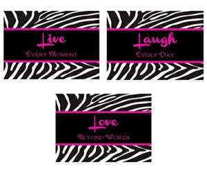 live laugh love animal print zebra black and hot pink wall art set of 3 5x7 or 8x10 prints ((unframed))