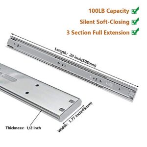 LONTAN 10 Pairs Soft Close Drawer Slides 20in SL4502S3-20 Ball Bearing and Full Extension Dresser Drawer Slides 100lb Capacity Heavy Duty Drawer Slides for Cabinet