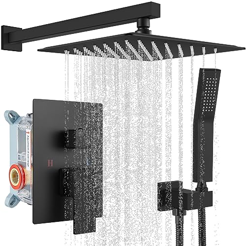 gotonovo Rainfall Shower System Matte Black with High Pressure 10 inch Shower Head Hand Held Square Shower Head Bathroom Luxury Rain Mixer Shower Complete Combo Set Wall Mounted