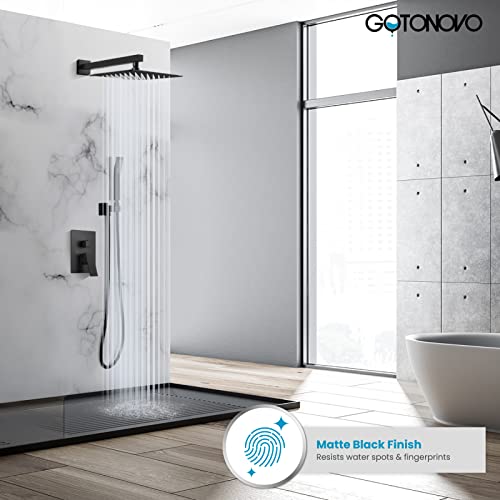 gotonovo Rainfall Shower System Matte Black with High Pressure 10 inch Shower Head Hand Held Square Shower Head Bathroom Luxury Rain Mixer Shower Complete Combo Set Wall Mounted