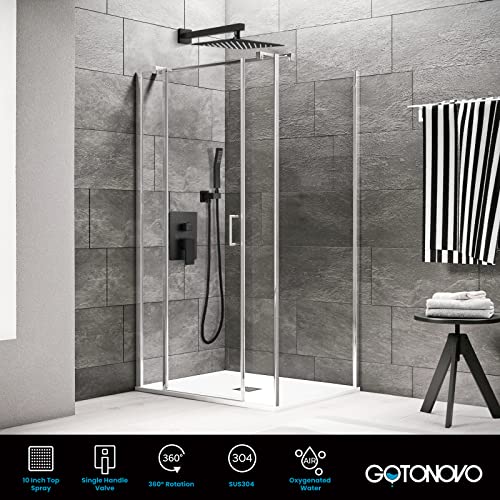 gotonovo Rainfall Shower System Matte Black with High Pressure 10 inch Shower Head Hand Held Square Shower Head Bathroom Luxury Rain Mixer Shower Complete Combo Set Wall Mounted