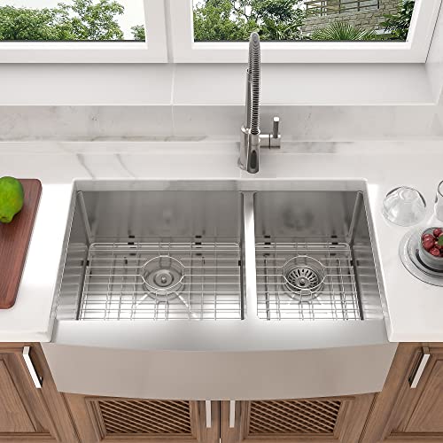 33 Farm Sink Stainless Steel - Lordear 33 Inch Farmhouse Sink Double Bowl 60/40 Apron Front 16 Gauge Stainless Steel Farm Style Kitchen Sink