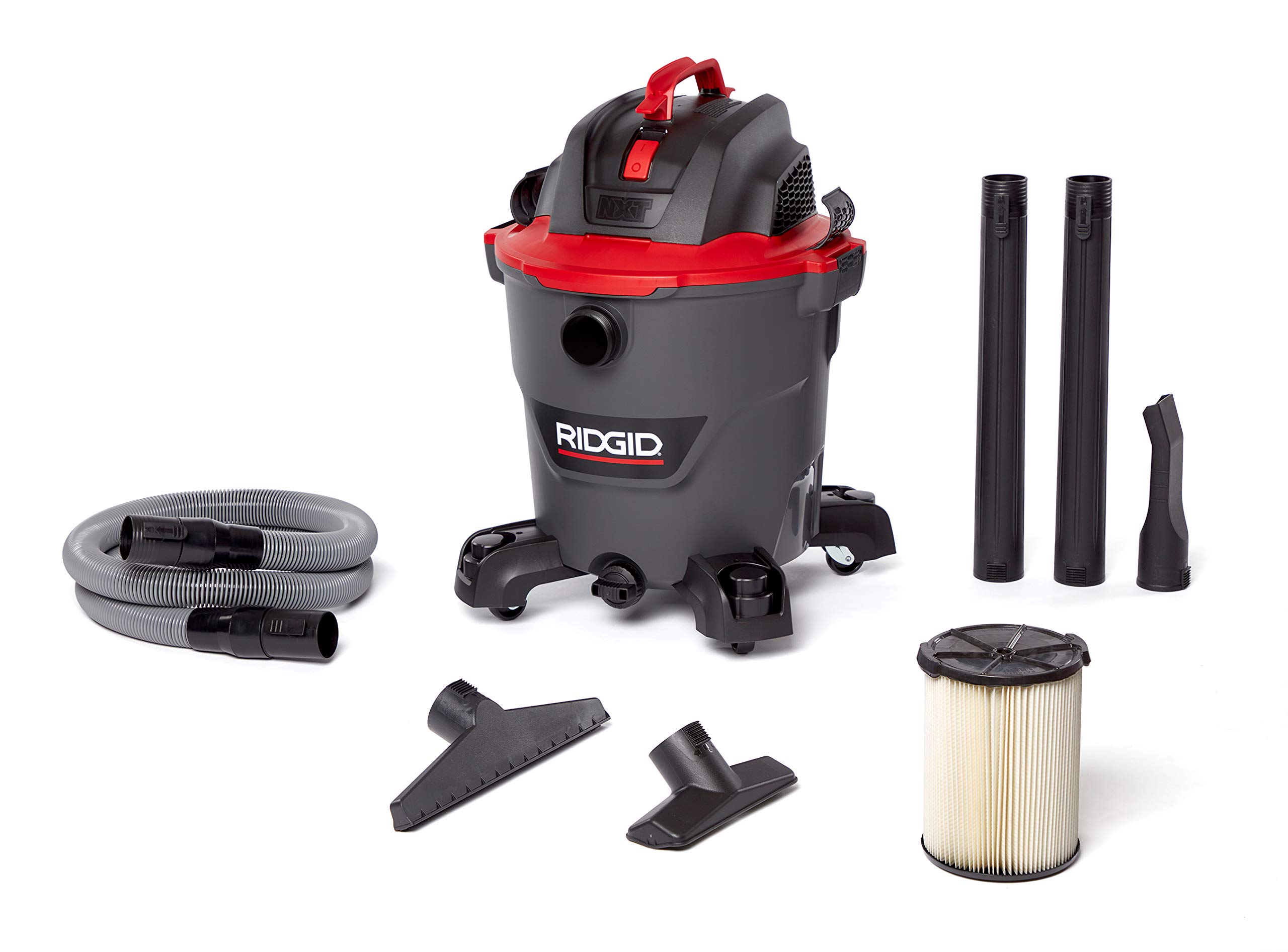 RIDGID 62703 RT1200 NXT 12-Gal. Wet Dry Shop Vacuum with Casters, 5.0 Peak HP Motor, and Pro Locking Hose,Dark Gray and Red