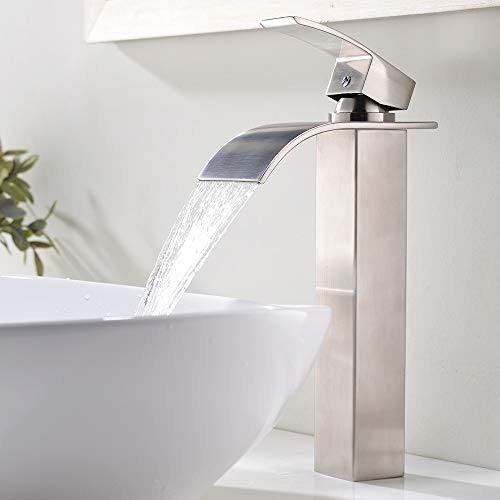 VESLA HOME Modern Wide Waterfall Spout Brushed Nickel Vessel Sink Faucet,Single Handle Tall Bathroom Faucet,Above Counter Single Hole Vanity Lavatory Faucet for Bathroom Sink