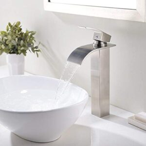 VESLA HOME Modern Wide Waterfall Spout Brushed Nickel Vessel Sink Faucet,Single Handle Tall Bathroom Faucet,Above Counter Single Hole Vanity Lavatory Faucet for Bathroom Sink