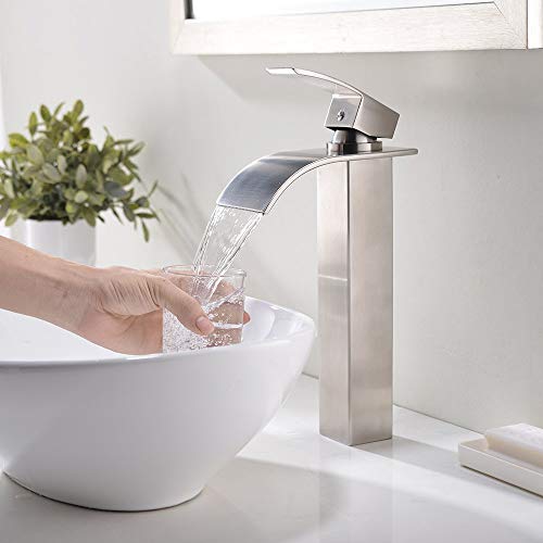 VESLA HOME Modern Wide Waterfall Spout Brushed Nickel Vessel Sink Faucet,Single Handle Tall Bathroom Faucet,Above Counter Single Hole Vanity Lavatory Faucet for Bathroom Sink