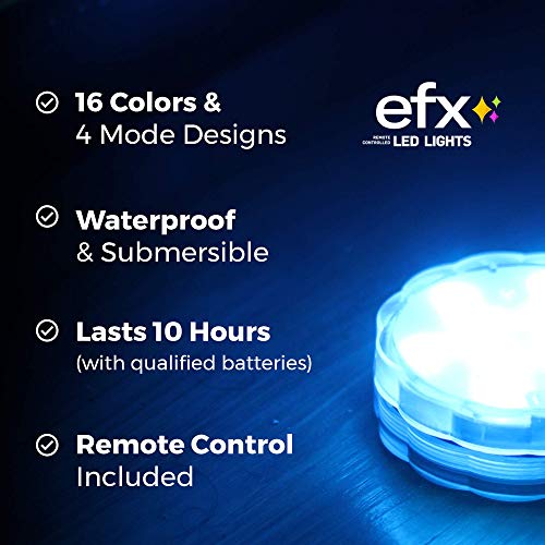 EFX LED Waterproof Lights - Multicolor Accent Submersible LED Lights - Premium Indoor & Outdoor Battery Operated Lights - LED Puck Light for Events, Patio, Pool, Hot Tub, Shower - 4-Pack