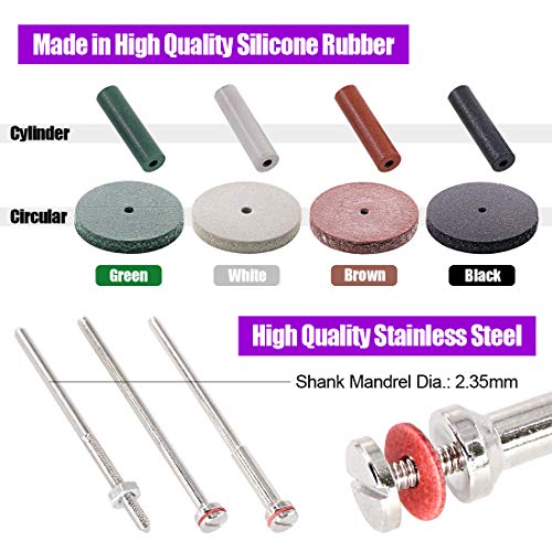 Swpeet 46Pcs Polishing Wheels Kit, 40Pcs 4 Colors Mixed Lab Beauty Silicone Rubber Polishing Wheels and Polishing Particle + 6 Mandrel Shank Perfect for Rotary Hand Pieces Rotary Tool