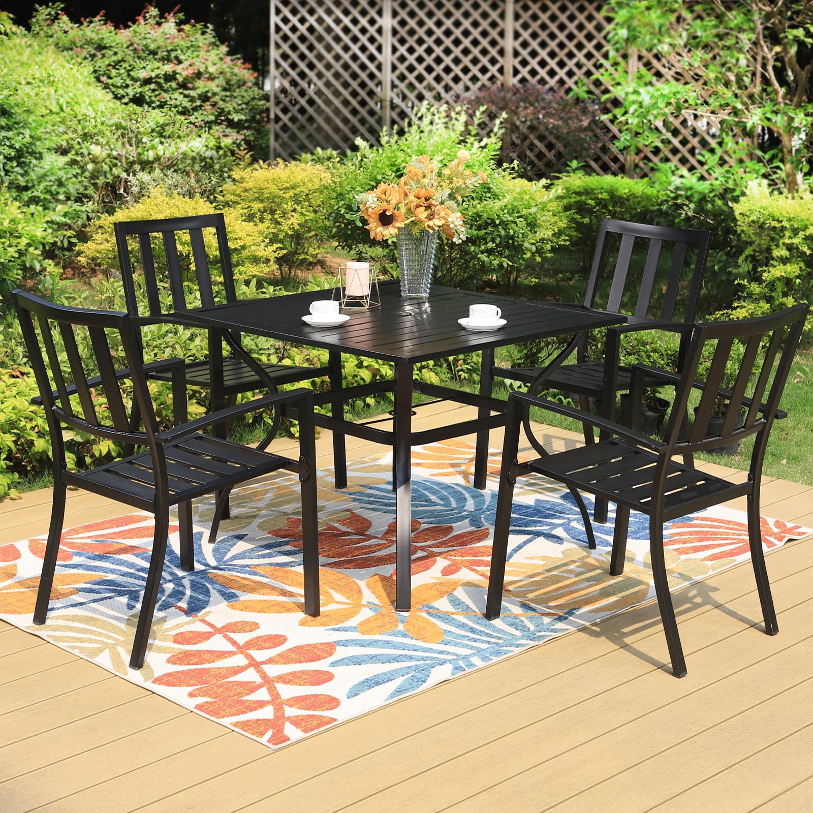 PHI VILLA 5 Piece Metal Patio Dining Set 37" Square Patio Bistro Table and Garden Backyard Chairs - Umbrella Hole 1.57"