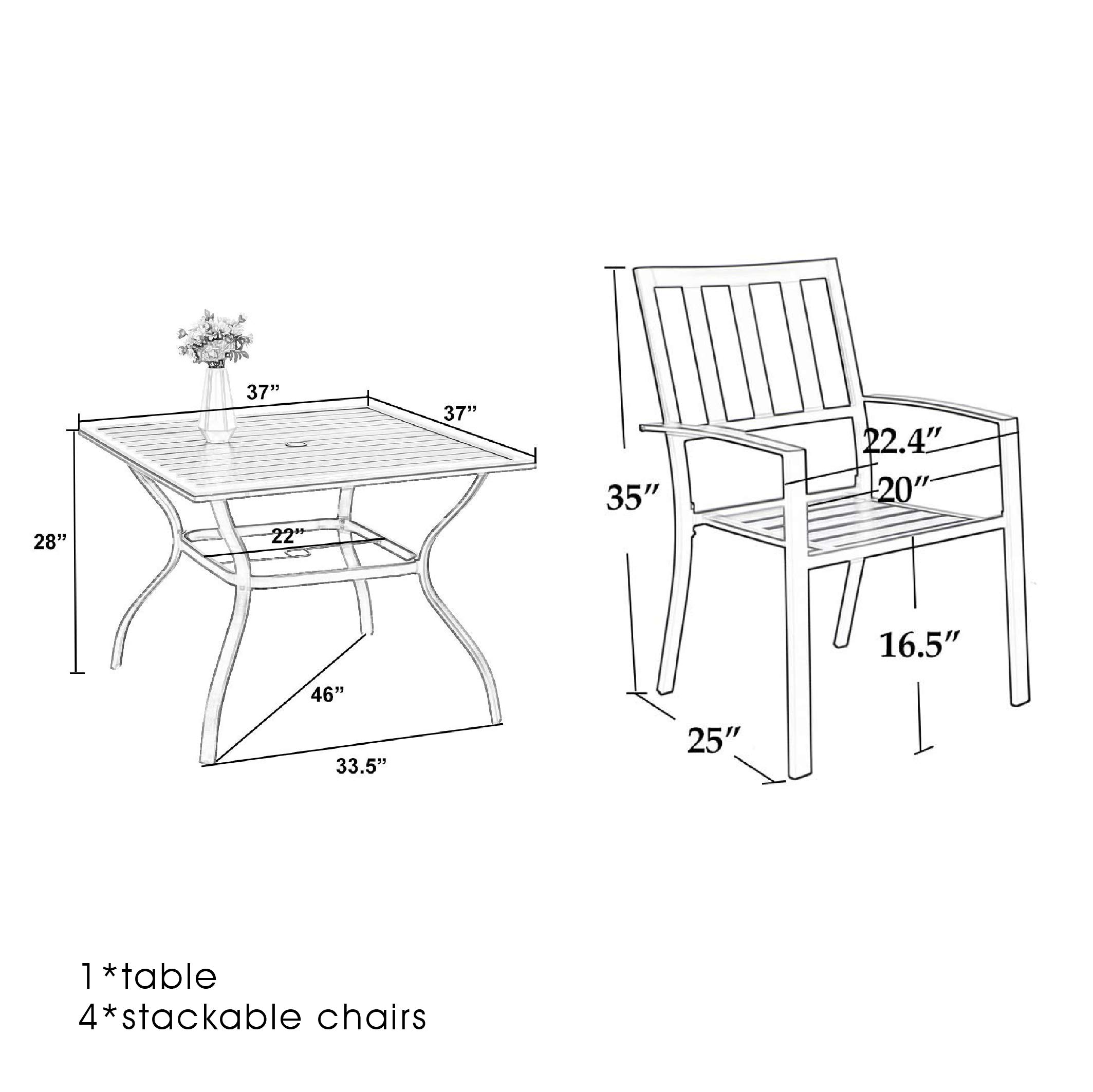 PHI VILLA 5 Piece Metal Patio Dining Set 37" Square Patio Bistro Table and Garden Backyard Chairs - Umbrella Hole 1.57"