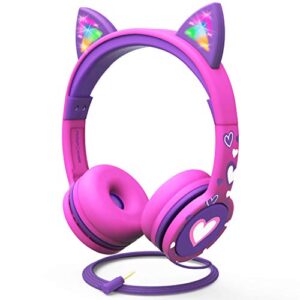 fospower kids headphones with led cat ears (safe volume limit 85 db), 3.5mm on-ear wired headphones with laced tangle-free cables for boys/girls/school/travel - hot pink/purple