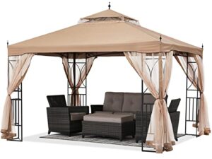 abccanopy patio outdoor gazebo 10x10 - gazebo canopy with netting and corner frame screen wall for backyard,garden gazebo lawn (khaki)