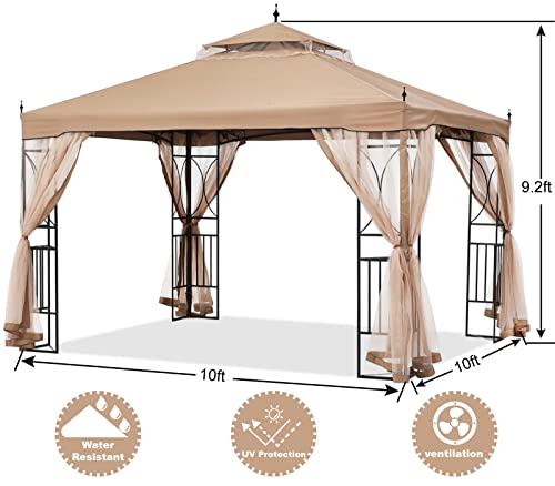 ABCCANOPY Patio Outdoor Gazebo 10X10 - Gazebo Canopy with Netting and Corner Frame Screen Wall for Backyard,Garden Gazebo Lawn (Khaki)