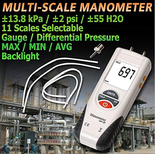 Digital Manometer, Portable Handheld Air Vacuum/Gas Pressure Gauge Meter 11 Units with Backlight, ±13.78kPa ±2PSI, Suitable for Differential Pressure of 1-2 Pipes, Ventilation HVAC