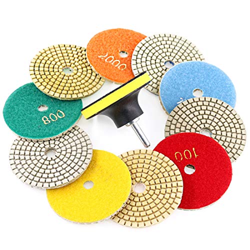 Swpeet 11Pcs Diamond Polishing Pads Kit, 10Pcs 3 Inch Wet/Dry Polishing Kit Polishing pads Kit with 1Pcs 3 Inch Yellow Backer Pad for Granite Marble Stone Glass Quartz Polishing