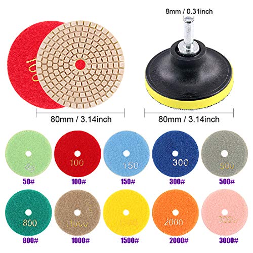 Swpeet 11Pcs Diamond Polishing Pads Kit, 10Pcs 3 Inch Wet/Dry Polishing Kit Polishing pads Kit with 1Pcs 3 Inch Yellow Backer Pad for Granite Marble Stone Glass Quartz Polishing