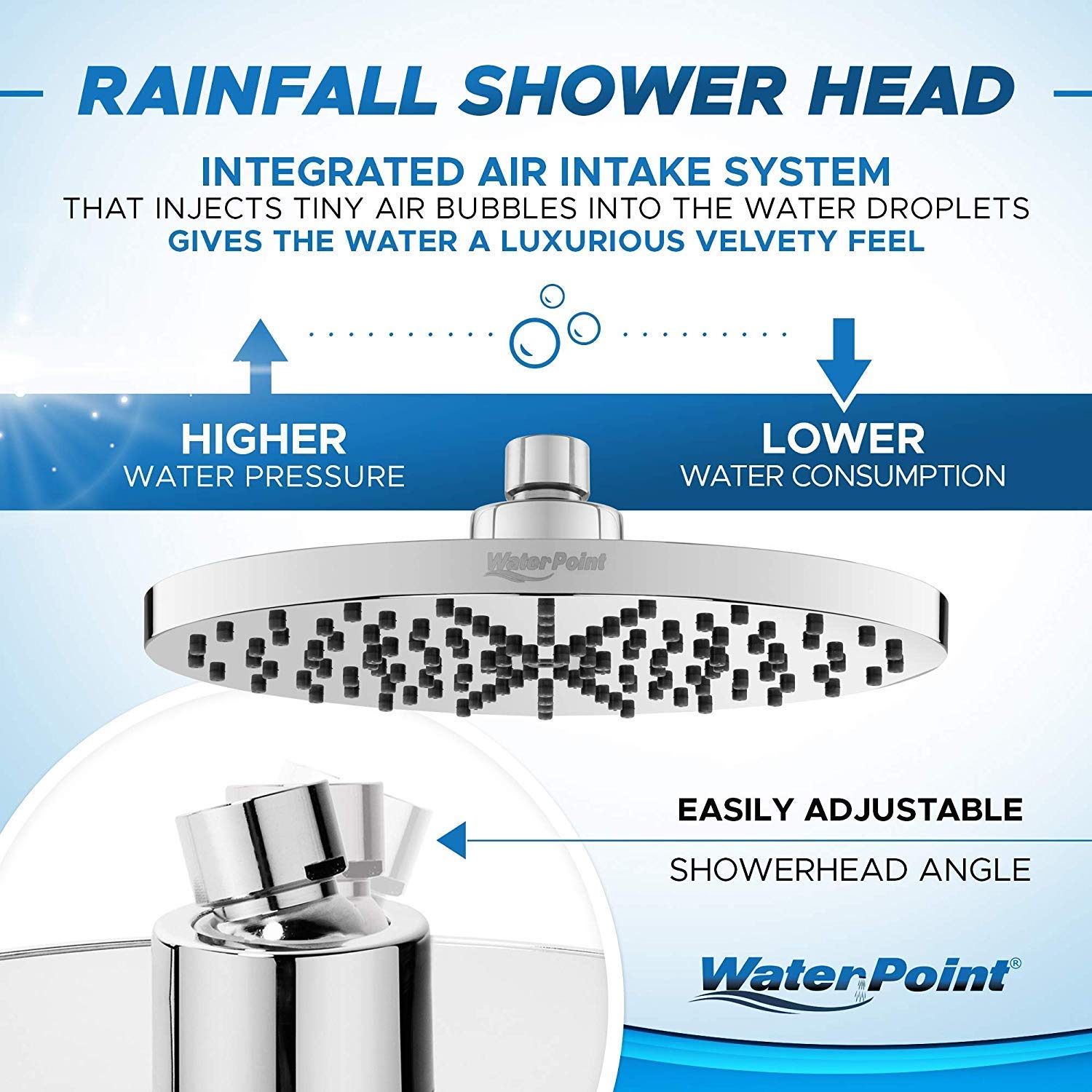 8 Inch Rainfall Shower Head by WaterPoint - Large High Pressure Water Saving Showerhead - Brass Swivel Ball and Polished Chrome Finish