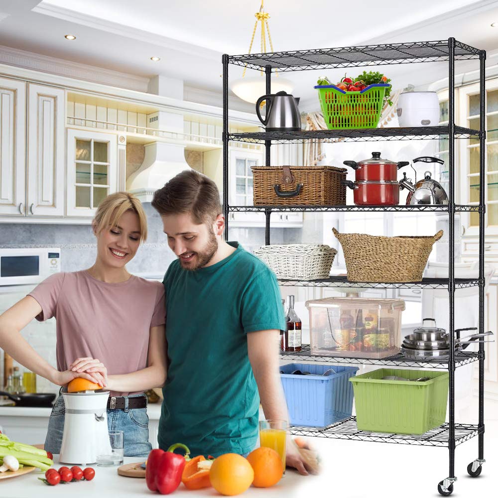 Dkelincs 6 Tier Storage Rack Metal Wire Shelf Unit Height Adjustable NSF Heavy Duty Garage Rack with Wheels 48" x 18" x 82" Commercial Grade Utility Rack for Dining Room Basement Garage Kitchen