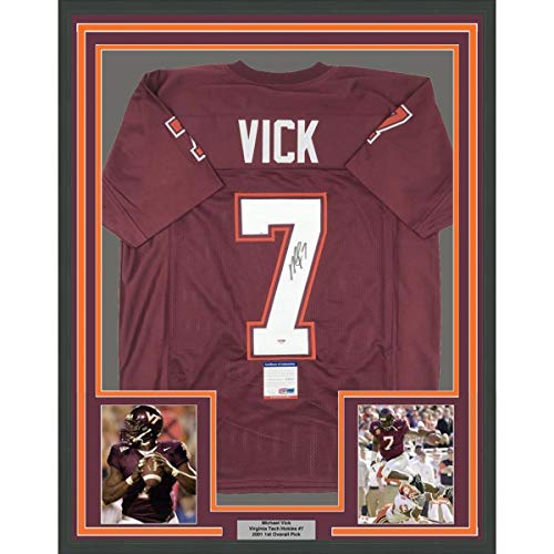 Framed Autographed/Signed Michael Mike Vick 33x42 Virginia Tech Maroon College Football Jersey PSA/DNA COA