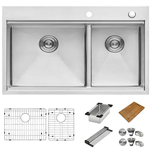 Ruvati 33 x 22 inch Workstation Drop-in 60/40 Double Bowl Topmount Tight Radius 16 Gauge Stainless Steel Ledge Kitchen Sink - RVH8035