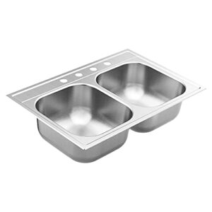 moen gs202134q 2000 series 33-inch 20 gauge drop-in double bowl stainless steel kitchen sink, featuring quickmount