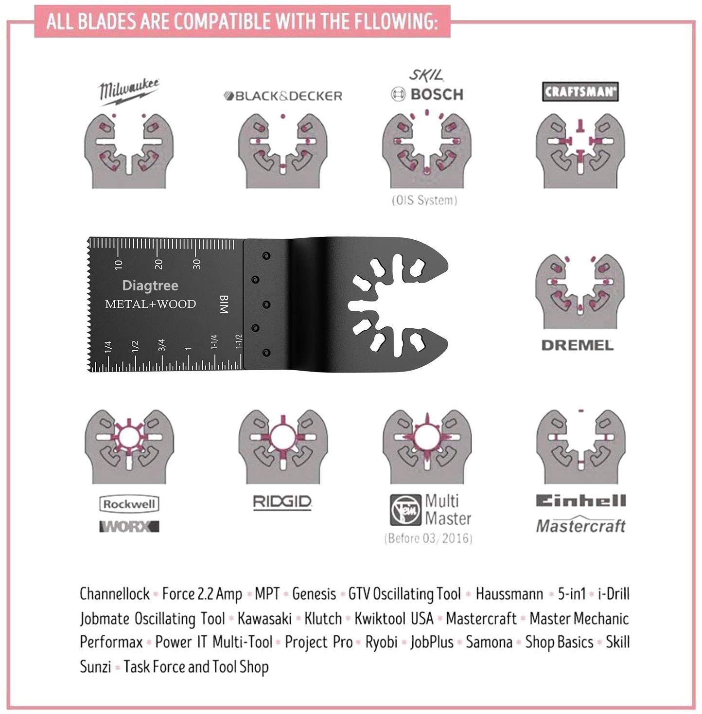 Diagtree 50Pack Bi-Metal multitool blade Oscillating Multi Tool Quick Release Saw Blades for Fein Multimaster, Dremel Multi-Max, Dewalt, Craftsman, Ridgid, Makita, Milwaukee, Rockwell (50pcs Bi-Metal)