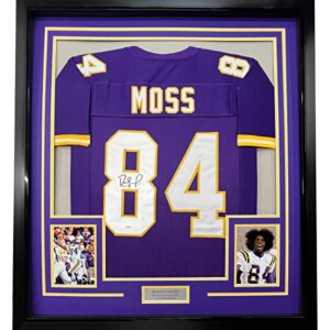 framed autographed/signed randy moss 33x42 minnesota purple football jersey jsa coa