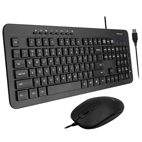 Wired Keyboard and Mouse Combo, Macally Slim Full Sized Ergonomic USB Keyboard and Mouse Wired - Quiet Wired Keyboard and Mouse - Wire Corded Keyboard for Laptop and Desktop PC Computer