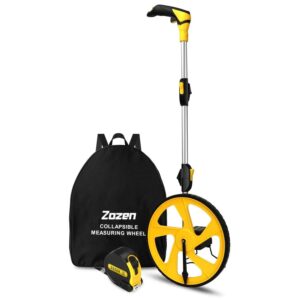 zozen measuring wheel in feet and inches, collapsible with one key to zero, kickstand, starting point arrow and cloth carrying bag, measurement 0-9,999 ft.