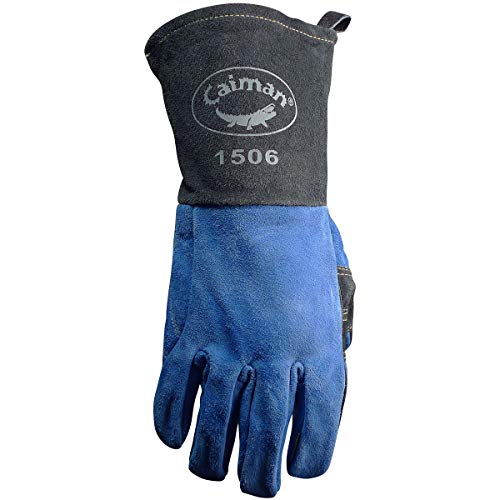 Caiman Premium Split Cowhide MIG/Stick Welding Gloves, Fleece Lining, Kontour, Kevlar,4-inch Cuff, Blue, Large (1506)