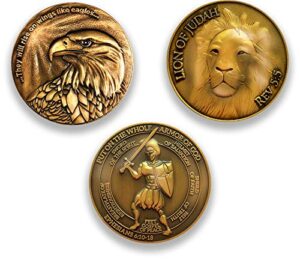 logos trading post antique gold plated christian challenge coins | eagle coin, lion of judah man of god coin, armor of god coin | value variety pack of 3 | assortment 1