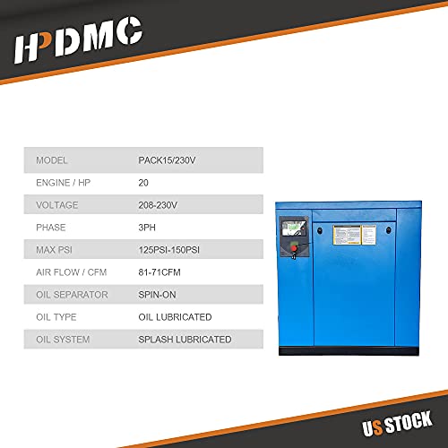 HPDMC 20 HP Rotary Screw Compressor 208-230Volt, 60HZ, 3-Phase / 81CFM@MAX150PSI Spin-on Oil Separator easy maintenance Industrial Air Compressed System