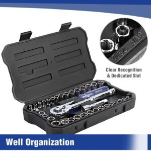 WORKPRO 39-Piece Drive Socket Set 1/4''3/8'', CR-V Metric and Imperial Sockets with Quick-Release Ratchet Wrench, Compact Sockets Set for Car Repair