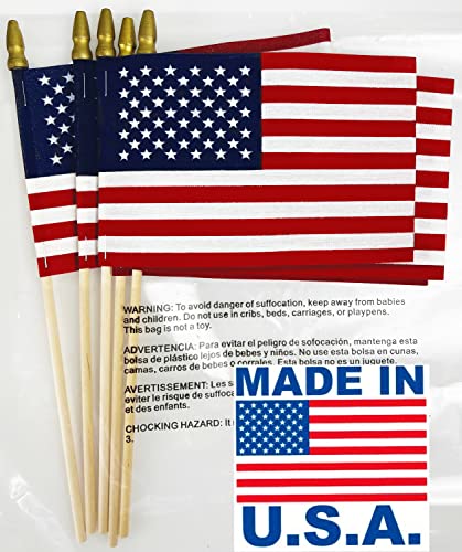 GIFTEXPRESS 12-Pack Made in USA 12x18 Inch US Stick Flags with Spear Tip, 12in x18 inch Handheld American Stick Flags, Grave Marker American Flags, Cemetery Flags on 30" Dowel with 2’’gold Tip