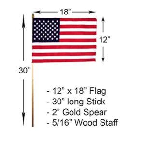 GIFTEXPRESS 12-Pack Made in USA 12x18 Inch US Stick Flags with Spear Tip, 12in x18 inch Handheld American Stick Flags, Grave Marker American Flags, Cemetery Flags on 30" Dowel with 2’’gold Tip