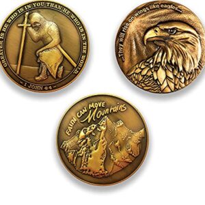 Christian Challenge Coins, Zinc-Alloy with Antique Gold-Color Plating | Task Ahead I Can Do All Things Coin, Eagle Coin, Faith Can Move Mountains Coin | Value Variety Pack of 3 | Assortment 2