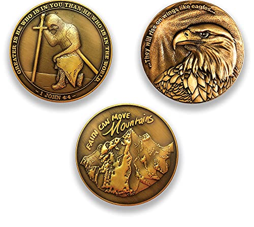 Christian Challenge Coins, Zinc-Alloy with Antique Gold-Color Plating | Task Ahead I Can Do All Things Coin, Eagle Coin, Faith Can Move Mountains Coin | Value Variety Pack of 3 | Assortment 2