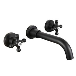 soild brass wall mounted bathroom vanity sink faucets 2 cross handles brass mixer valve and spout, matte black