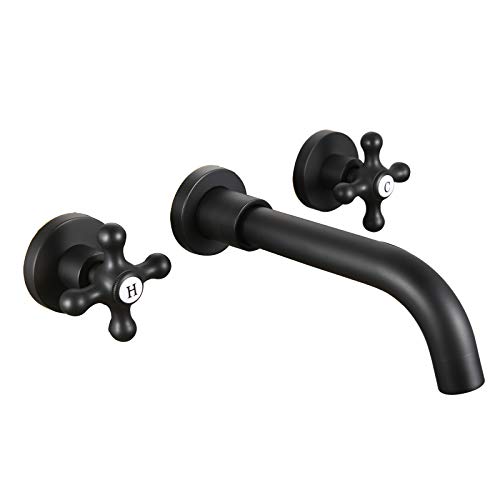 Soild Brass Wall Mounted Bathroom Vanity Sink Faucets 2 Cross Handles Brass Mixer Valve and Spout, Matte Black