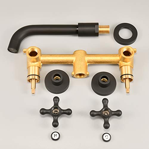 Soild Brass Wall Mounted Bathroom Vanity Sink Faucets 2 Cross Handles Brass Mixer Valve and Spout, Matte Black