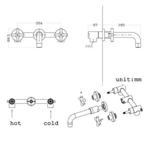 Soild Brass Wall Mounted Bathroom Vanity Sink Faucets 2 Cross Handles Brass Mixer Valve and Spout, Matte Black