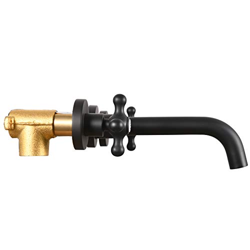 Soild Brass Wall Mounted Bathroom Vanity Sink Faucets 2 Cross Handles Brass Mixer Valve and Spout, Matte Black